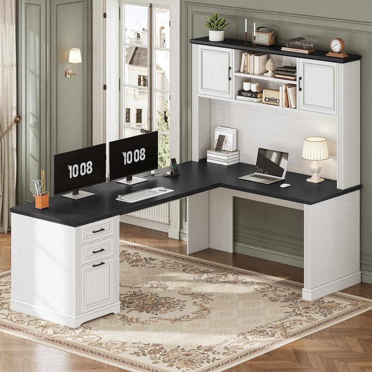 Lark Manor™ Farmhouse L Shaped Desk With Hutch And 3 Drawers, 68.9" Executive Office Desk With ...